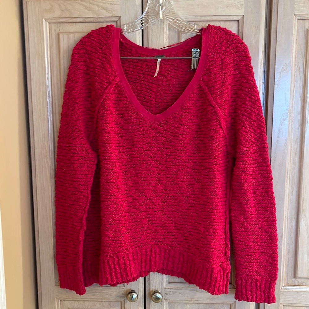 Free People Red Boucle V-Neck Sweater - Gem